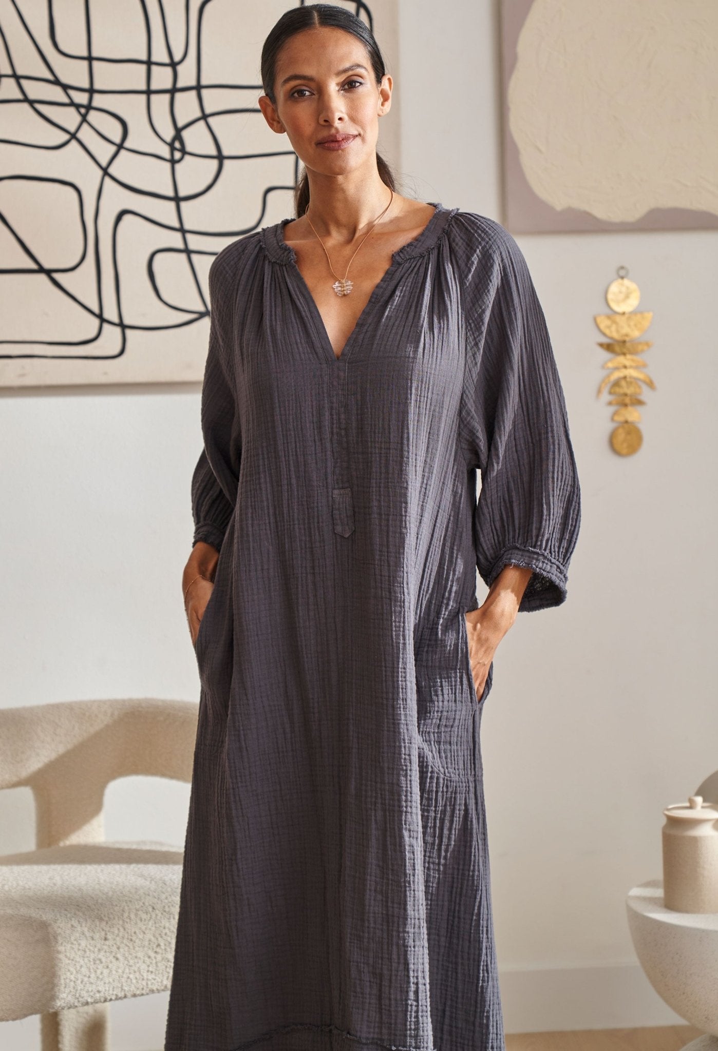 Gray Gauze Dress with Pockets - Eco Friendly Clothing