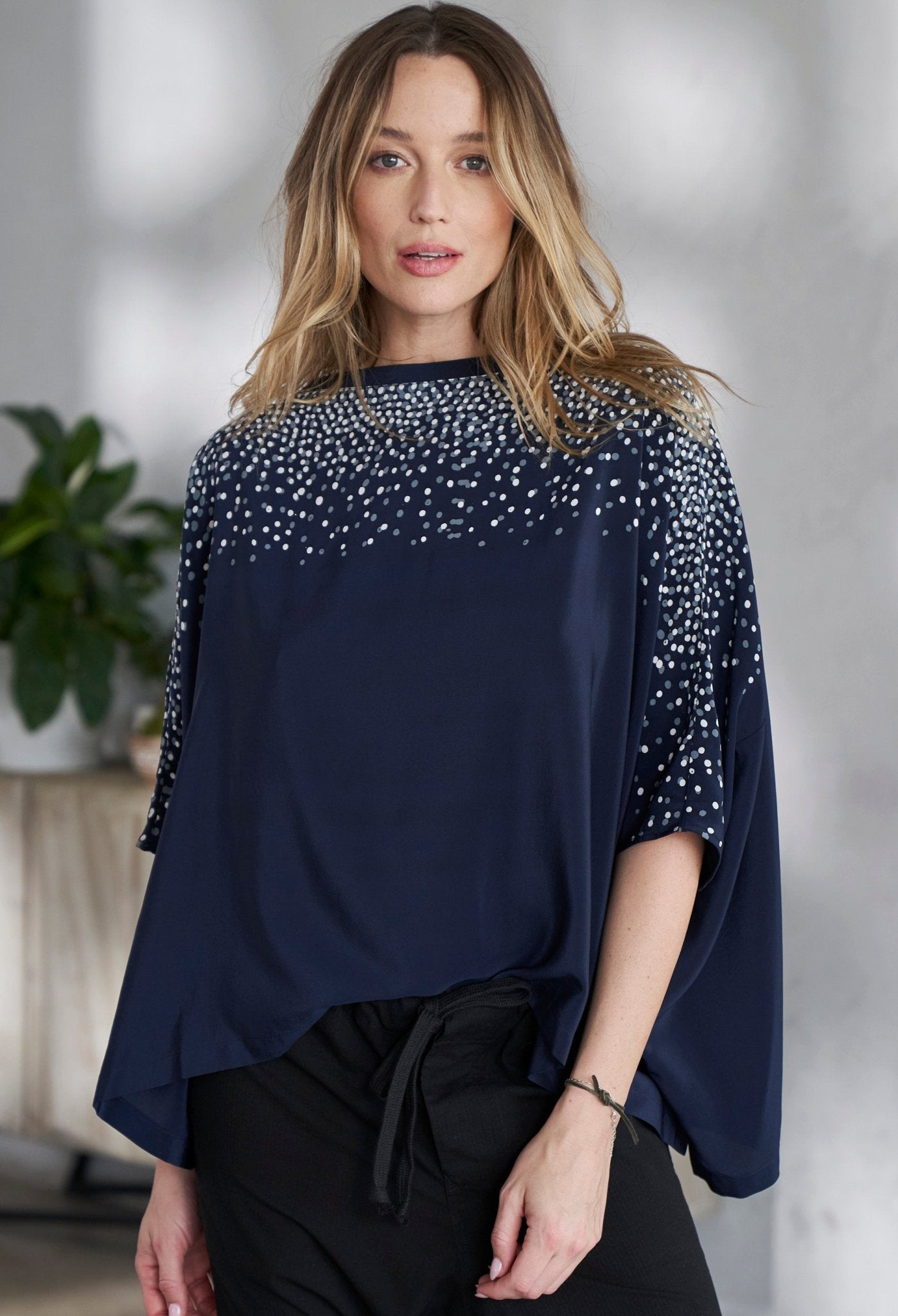 Silk Boatneck Navy Top - Women's Silk Tops